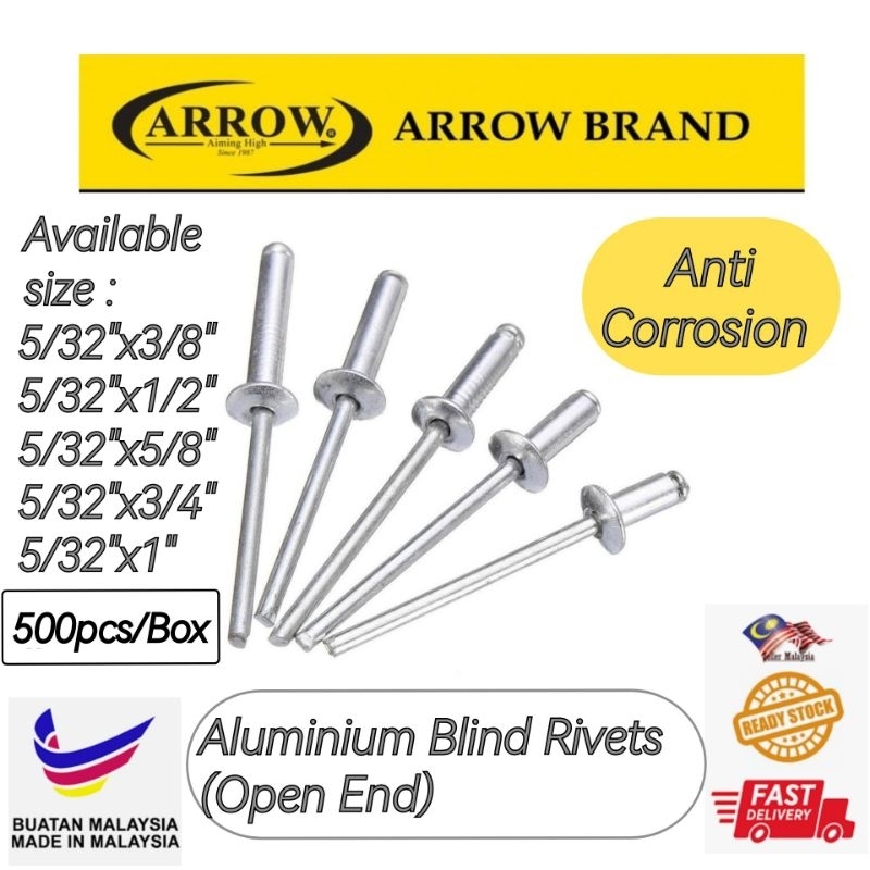 **Ready Stock** (500pcs) 5/32" Arrow Brand Aluminium Blind Rivets (Open ...