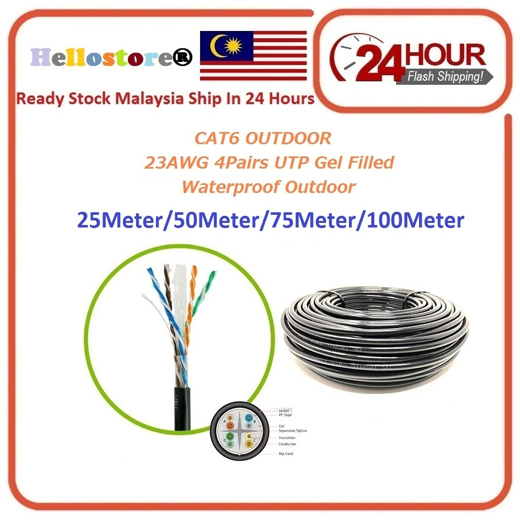 UTP CAT6 PE OUTDOOR JELLY FILLED NETWORK CABLE 25M/50M/75M/100Meter 100% SOLID FULL COPPER ...