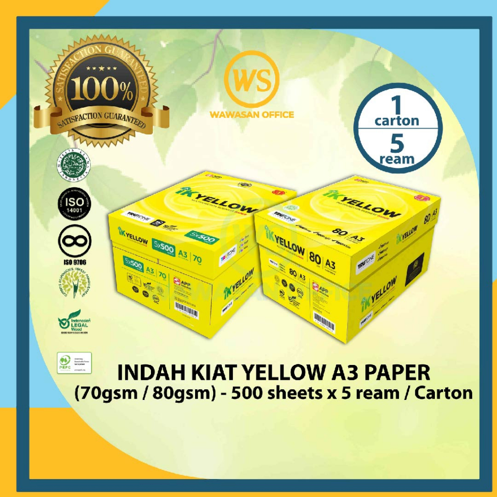 IK Yellow A3 Paper 70gsm / IK Yellow A3 Paper 80gsm / A3 Paper - 1 Carton (500 Sheets x 5 Ream ...