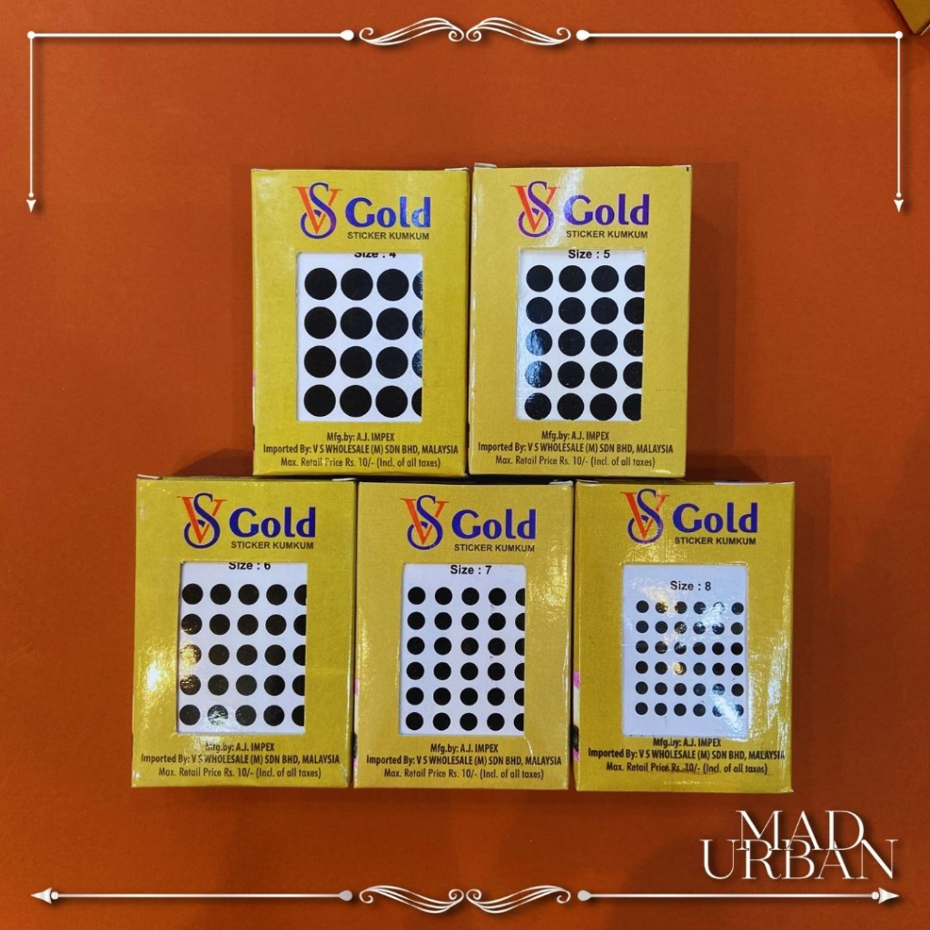VS Gold BLACK Sticker Pottu Forehead Bindi Accessories Size 4,5,6,7 & 8 ...
