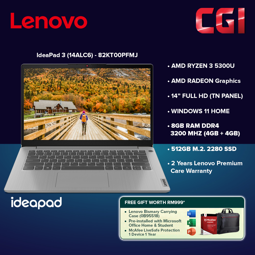 Lenovo IdeaPad 3 14ALC6C R3-5300U|14"|4G+4G DDR4|512GB|W11H LAPTOP ...