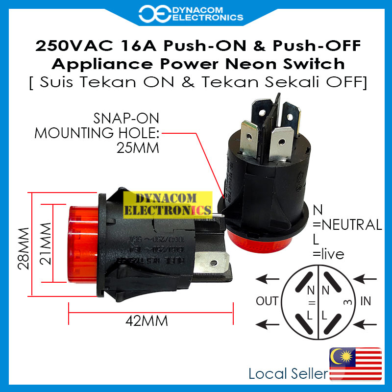 250VAC 16A Push-ON & Push-OFF Appliance Power Neon Switch [ Suis Tekan ...