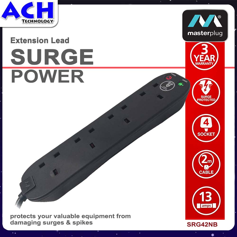Masterplug Surge Protector 4 / 8 Gang 2 Meter Extension Leads Power ...