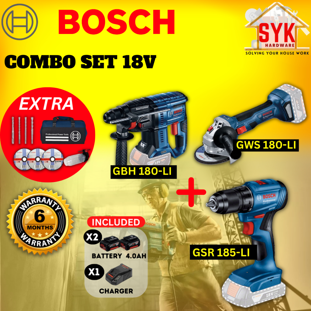 SYK Bosch Combo Set 18V Cordless Rotary Hammer Angle Grinder Impact ...