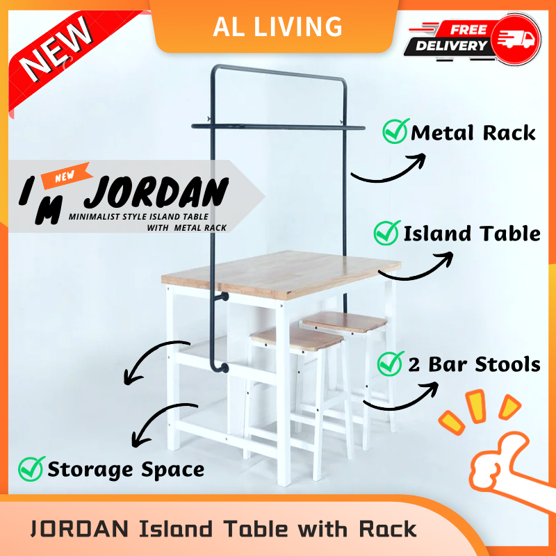 [SALES] JORDAN Island Table with Metal Rack + 2 Bar Stools / Kitchen ...
