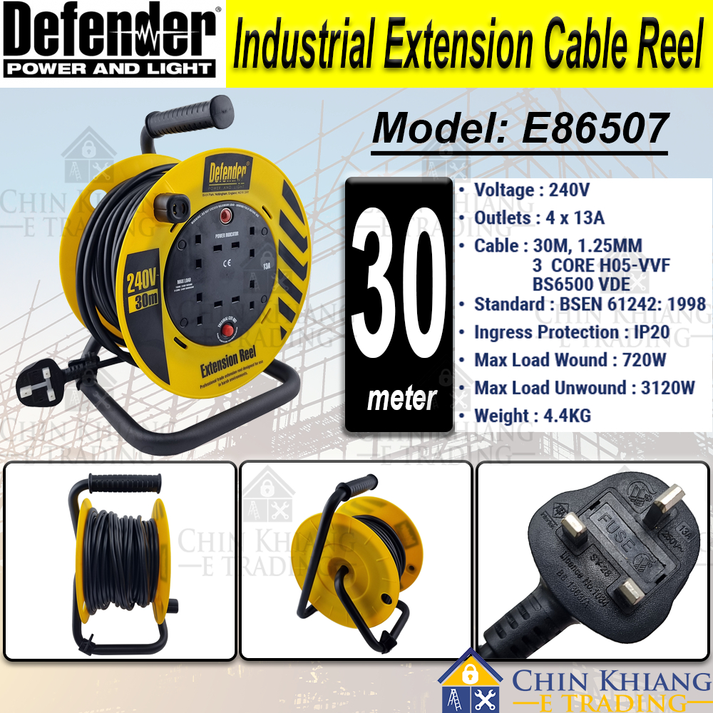 Defender 30M 4-Way Industrial Extension Wire Cable Reel 240V 13A E86507 ...
