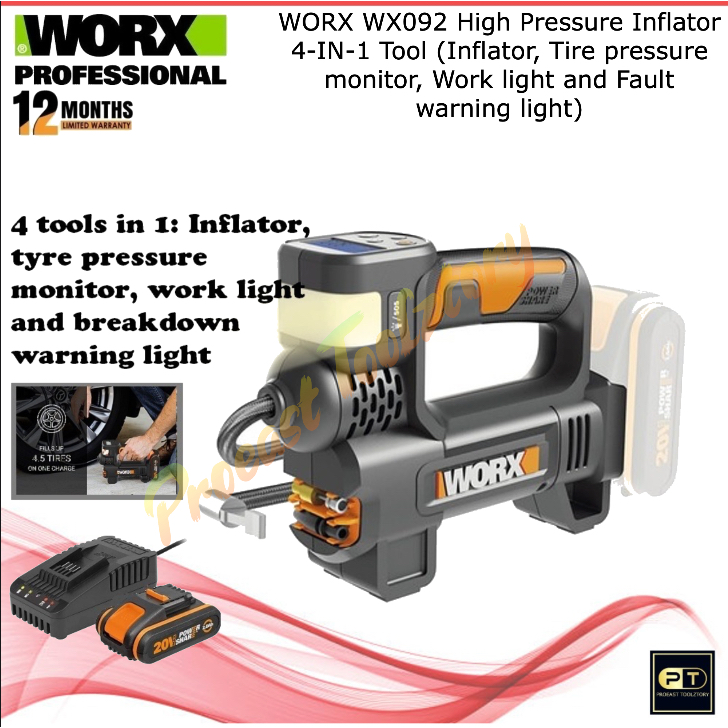 WORX WX092 High Pressure Inflator 4-IN-1 Tool (Inflator, Tire pressure ...