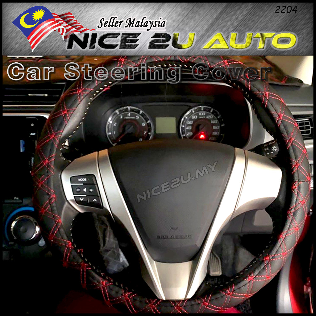 DAD Red Line PU Leather Steering Wheel Cover Wrap Black Red Line Myvi ...