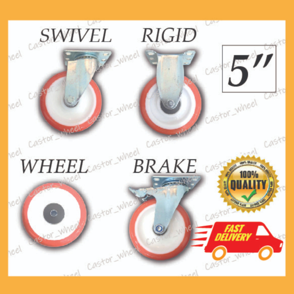 5'' (125mm) HEAVY DUTY BRIGHT RED PU SWIVEL/RIGID/BRAKE CASTOR/CASTER ...
