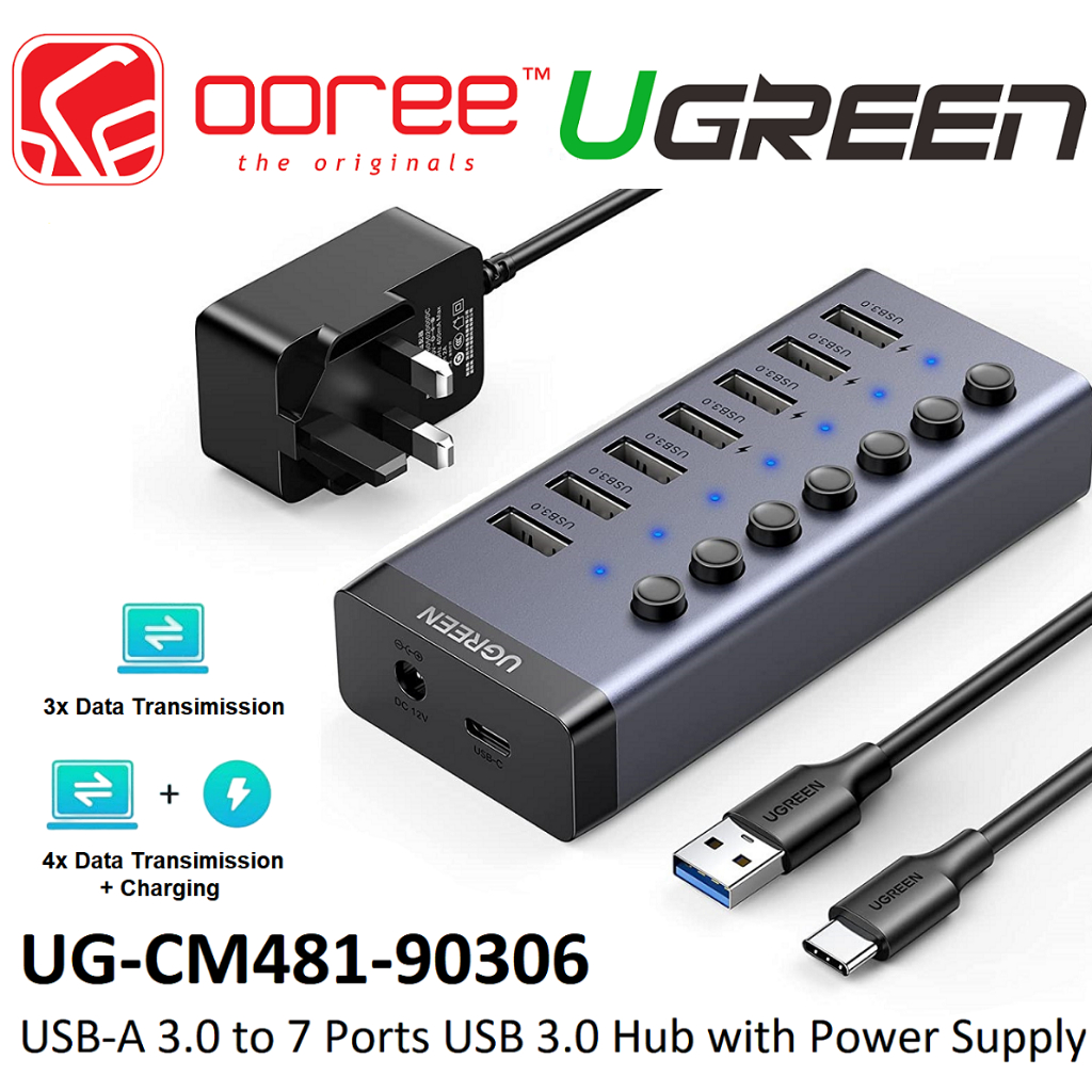 UGREEN CM481 USB-A 3.0 TO 7 PORTS USB HUB 3.0 7-PORT USB ADAPTER USB HUB WITH DC 12V2A POWER ...