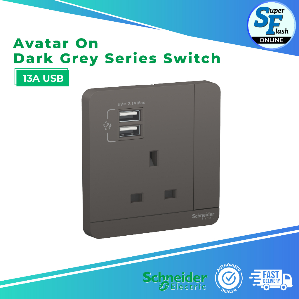 Schneider Avatar ON 13A + USB Switches & Sockets (White/Dark Grey/Gold ...