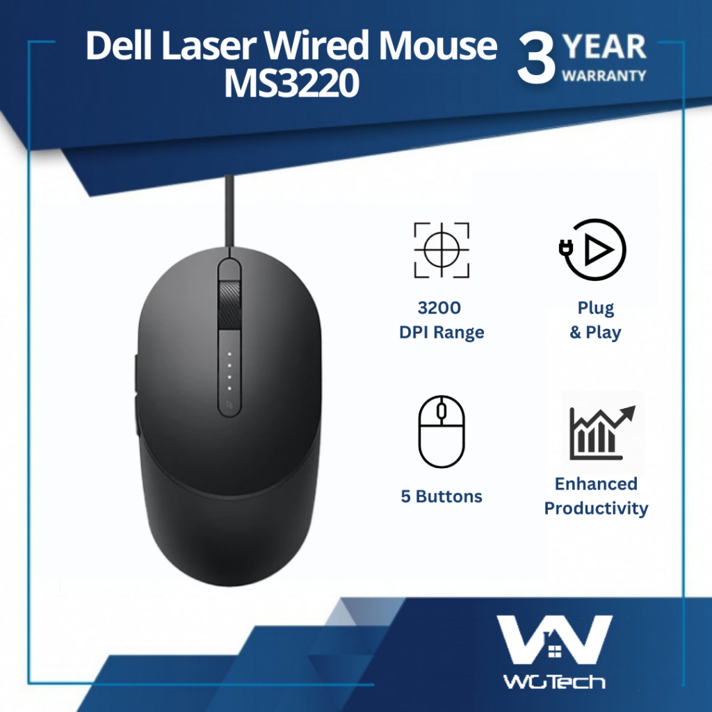 Dell Laser Wired Mouse - MS3220 USB2.0 3200dpi for student home ...