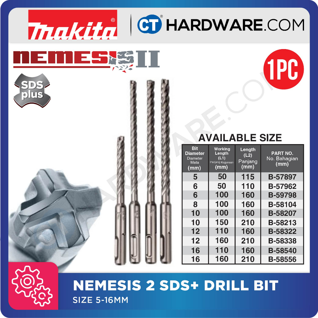 MAKITA NEMESIS II SDS PLUS DRILL BIT SIZE 5MM - 16MM - 1PC [ NEMESIS 2 ...
