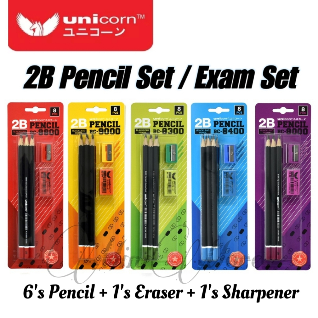 (MiniMore) Unicorn 2B Pencil Set & Exam Set - (6's Pencil + 1's Eraser ...
