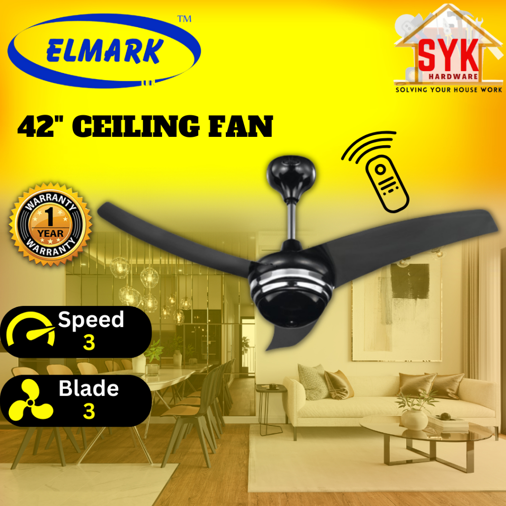 SYK Elmark 42 Inch Ceiling Fan Black Electric 3 Blade Remote Control ...