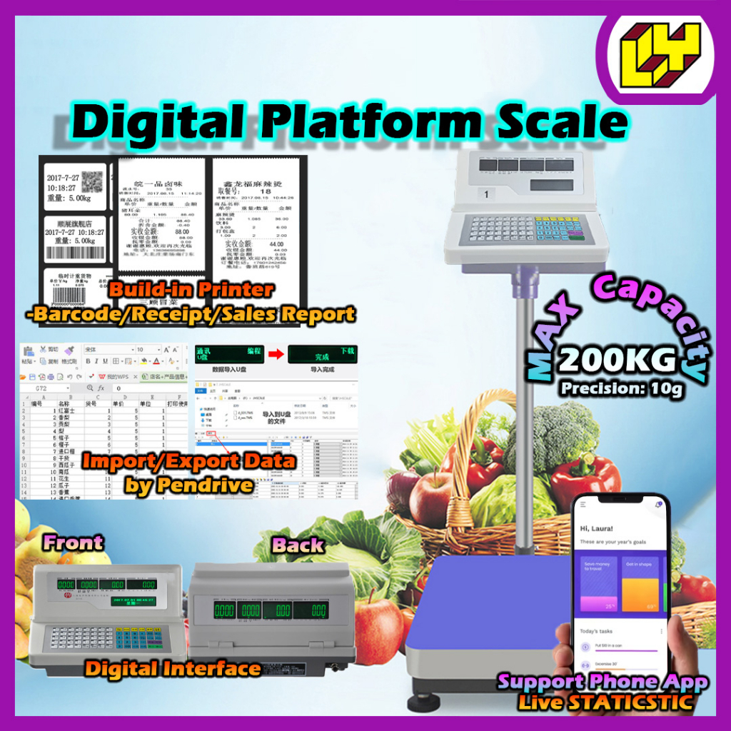 200KG Digital Cash Register Scale Weighing Scale Barcode Label Printing ...