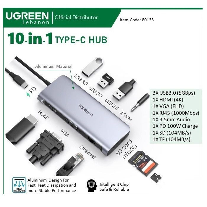 UGREEN USB C Hub 10 in 1 Type C Hub with Ethernet 4K USB C to HDMI VGA PD Power Delivery 3 USB 3 ...