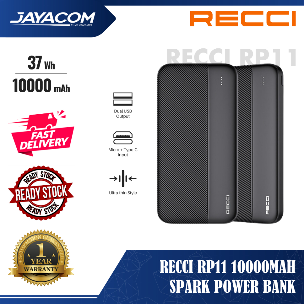 Recci RP11 10000mAh Spark Power Bank (Black) | Shopee Malaysia
