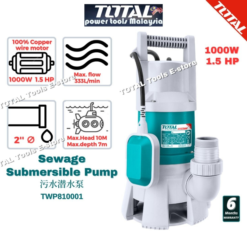 TOTAL Submersible Sewage Water Pump 2''⌀ 1000W, 1.5HP ( 100% Copper ...