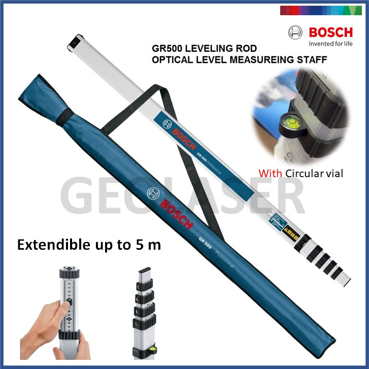 BOSCH GR 500 EXTENDABLE TO 5M LEVELING ROD LEVELING RULER STAFF OPTICAL ...