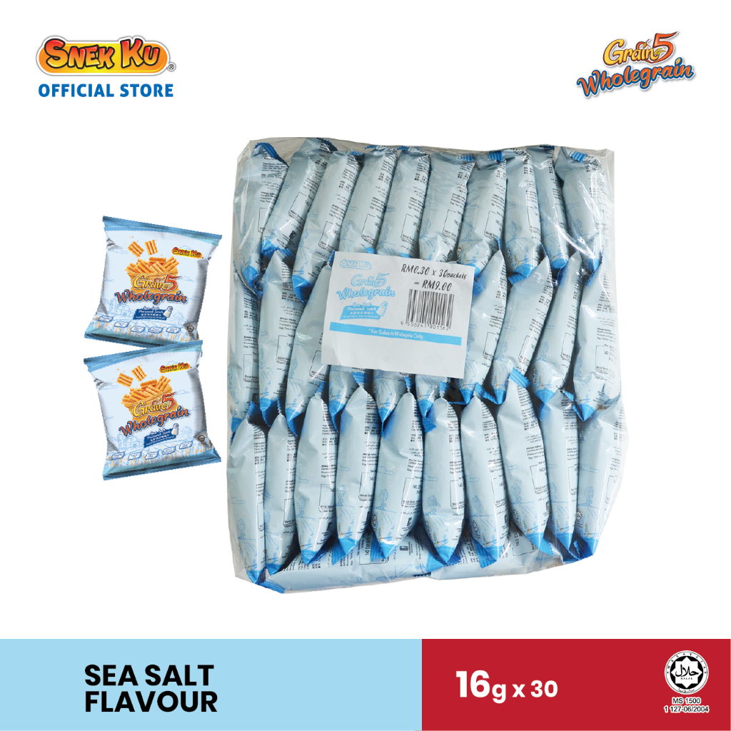 Snek Ku Grain5 Wholegrain Sea Salt Flavoured Snacks (16g x 30 pkts ...