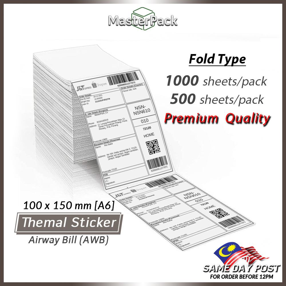 1000 PCS A6 Thermal Sticker Thermal Label Shopee Air Waybill 10 x 15 cm ...