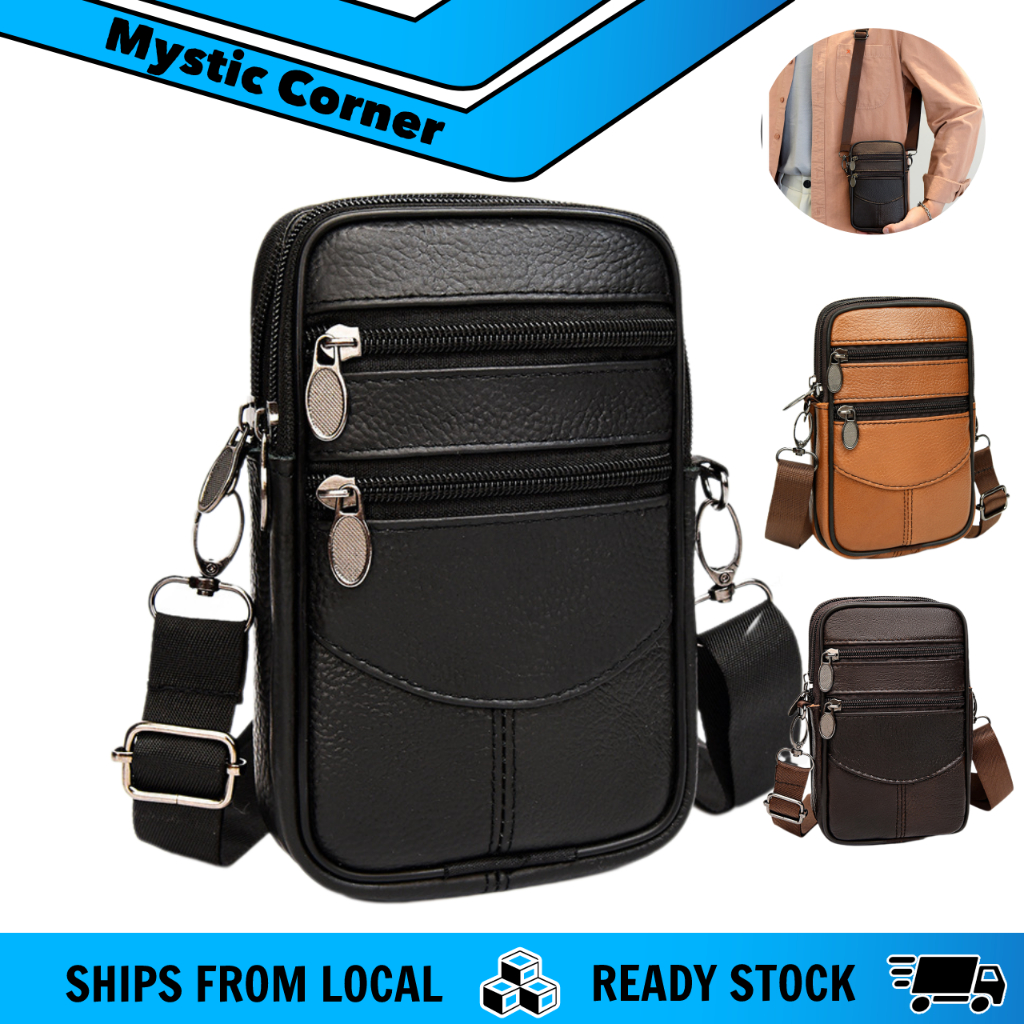 Men Pouch Bag Multilayer Cow Leather Belt Bag Waist Phone Bag - 7 inch ...