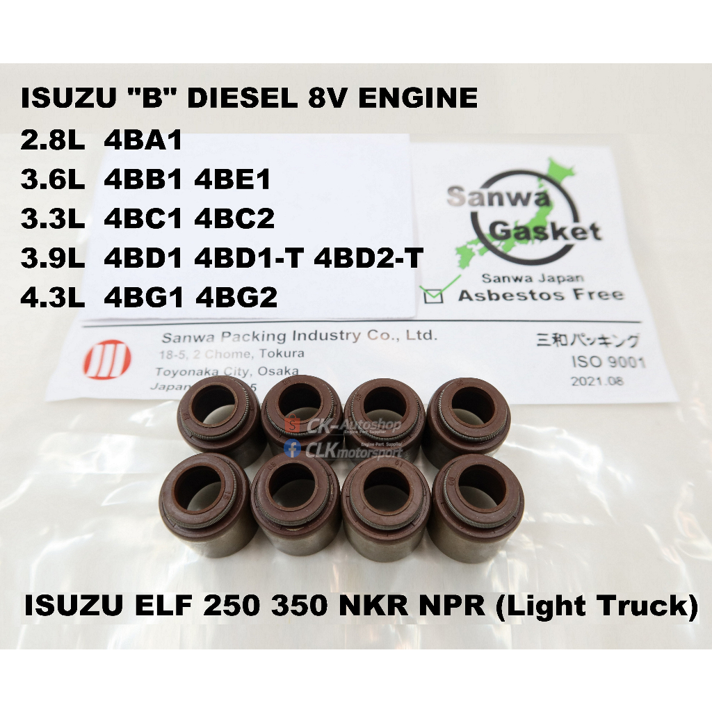 Sanwa Japan Viton Valve Seal - Isuzu ELF 250 350 NKR NPR 2.8L 4BA1 3.6L 4BB1 3.3L 4BC2 3.9L 4BD1 ...