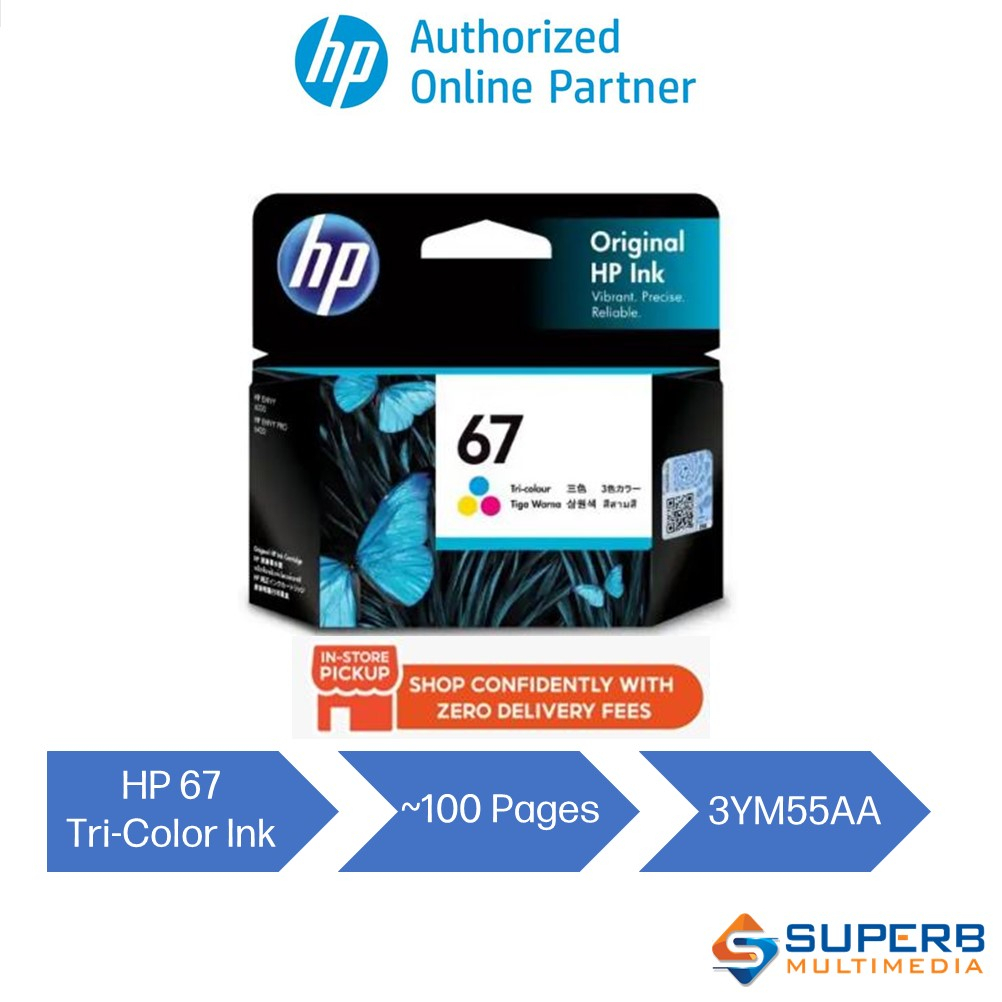 HP 67 Tri-color Original Ink Cartridge [3YM55AA] | Shopee Malaysia