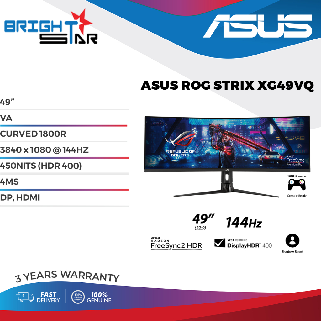 ASUS 49" ROG STRIX XG49VQ VA 144HZ 340x1080 1800R CURVED GAMING MONITOR ...