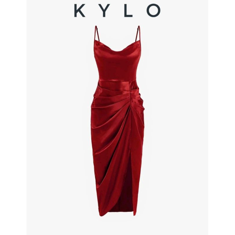KYLO Minimalist Simple Plain Satin Split Thigh Draped Front Women Dress ...