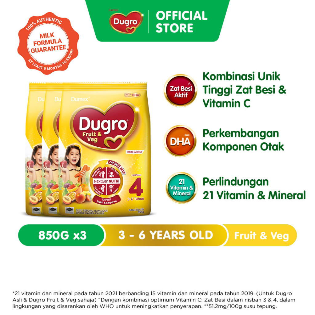 Dumex Dugro Step 4 Fruit & Veg Growing Up Milk Formula 3-6 years (850g ...