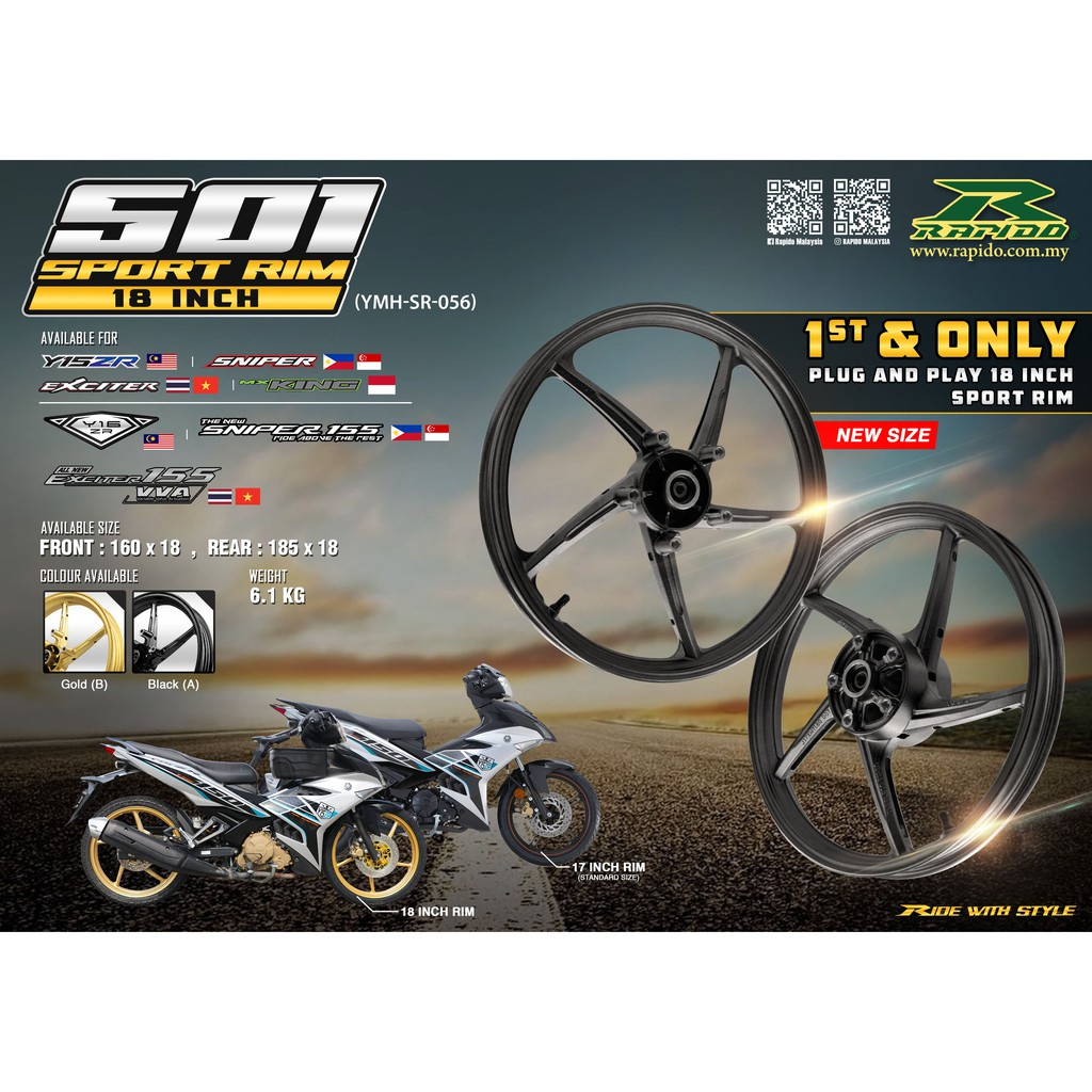 Rapido 501 5Batang Rims Set Yamaha Y15 V1 V2 Y16 1.6/1.85*18 Sport Rim ...