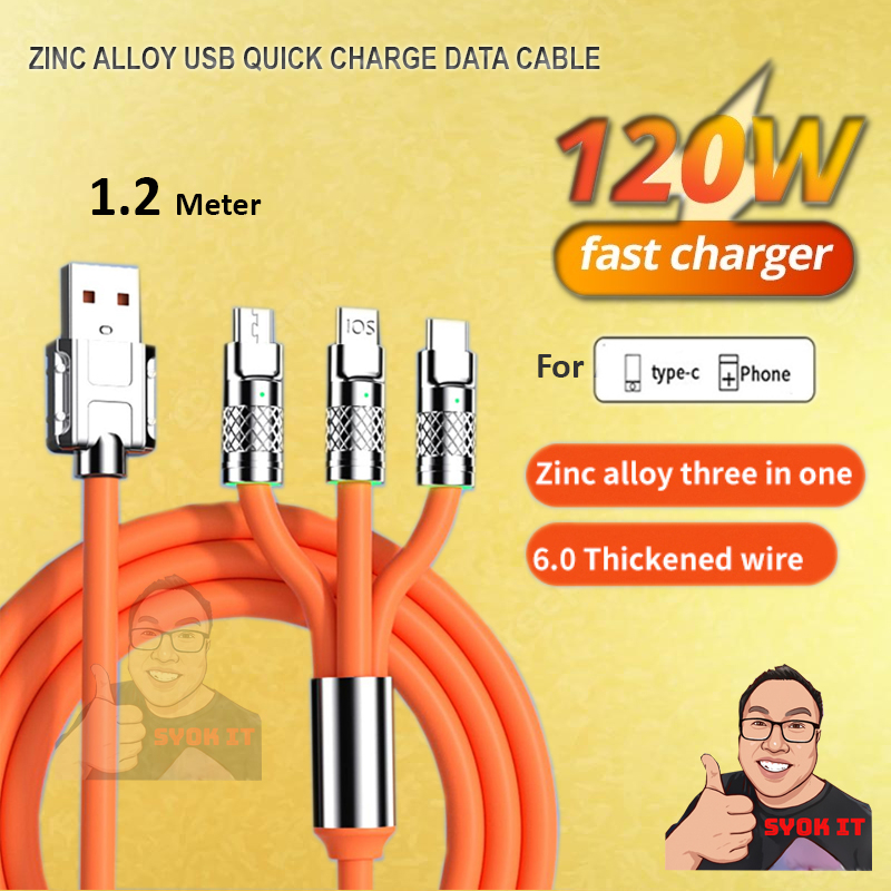 120W 6A Super Fast Charge 3in1 Zinc Alloy Charger Cable Type C Liquid ...