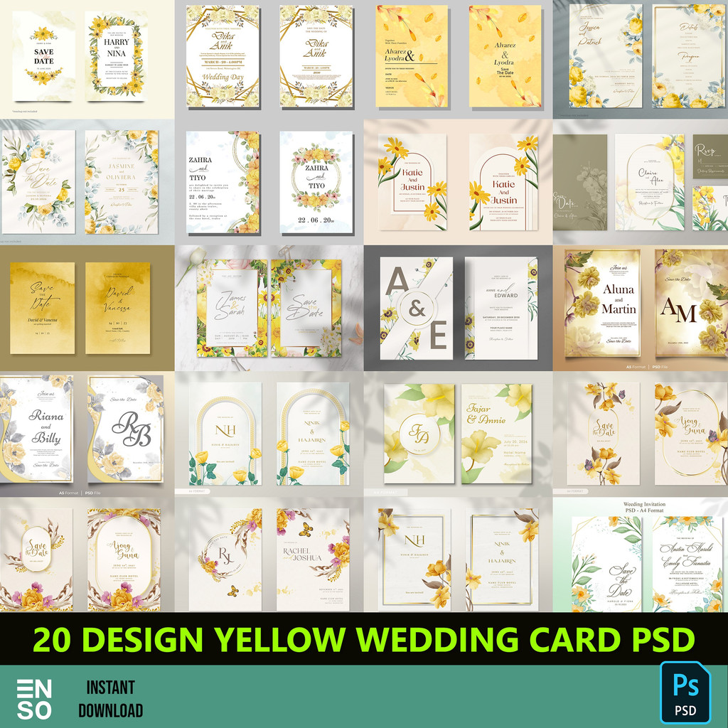 20Set Yellow Wedding Invitation Card PSD Editable File | Wedding Card ...