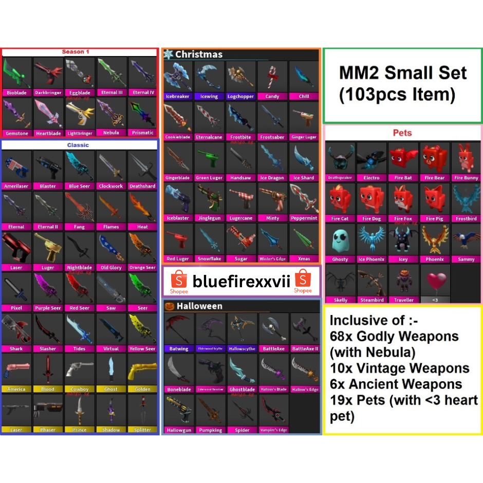 MM2 Murder Mystery 2 SMALL SET Bundle Full SET 88 Godly + 19 Pet 🌟 | Shopee Malaysia