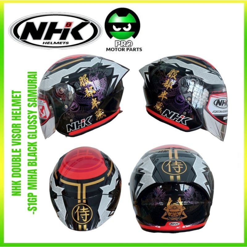 NHK MIHA S1GP BLACK GLOSSY (SAMURAI MASK) NHK HELMT DOUBLE VISOR TOPI ...