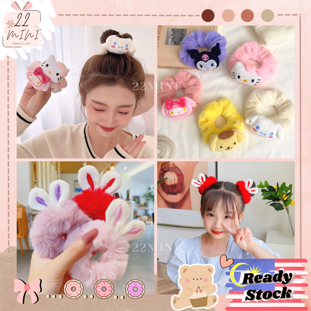 22MINI Cute Cartoon Plush Bunny Ears Scrunchies Kid's Girls Furry Head ...