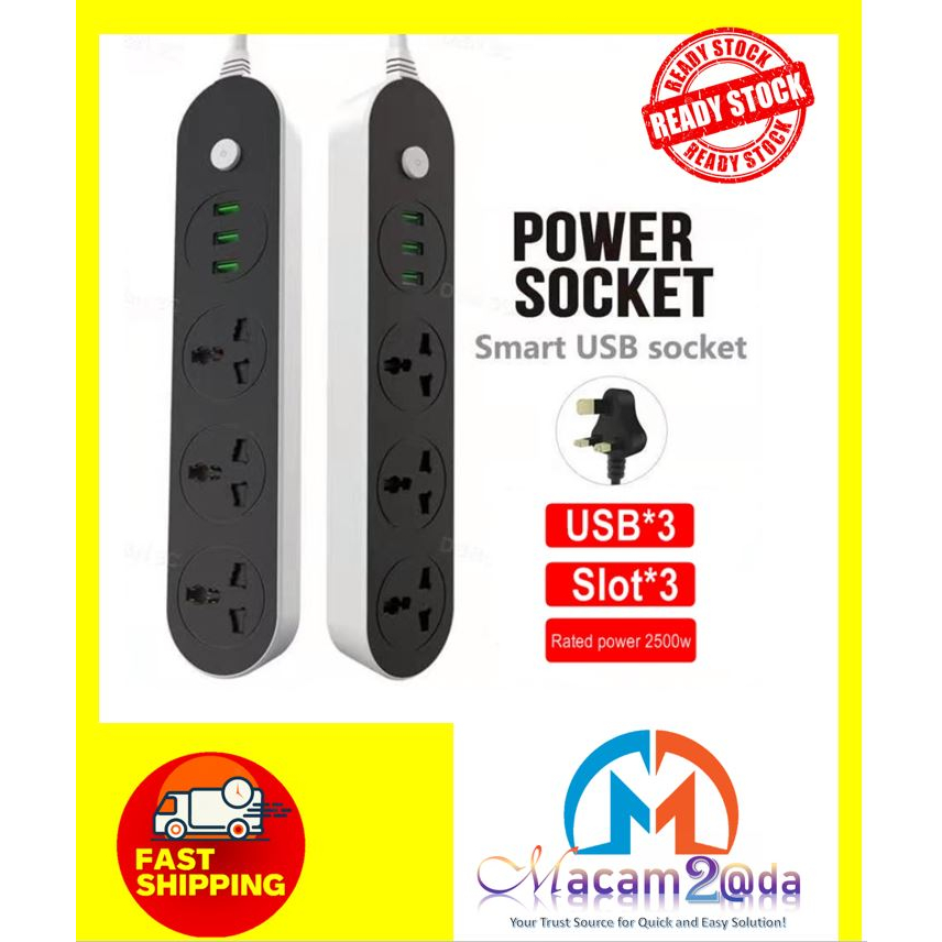 🌟Ready Stock🌟 Power Strip 3 Universal Socket 3 USB Output 3.4A UK Plug ...