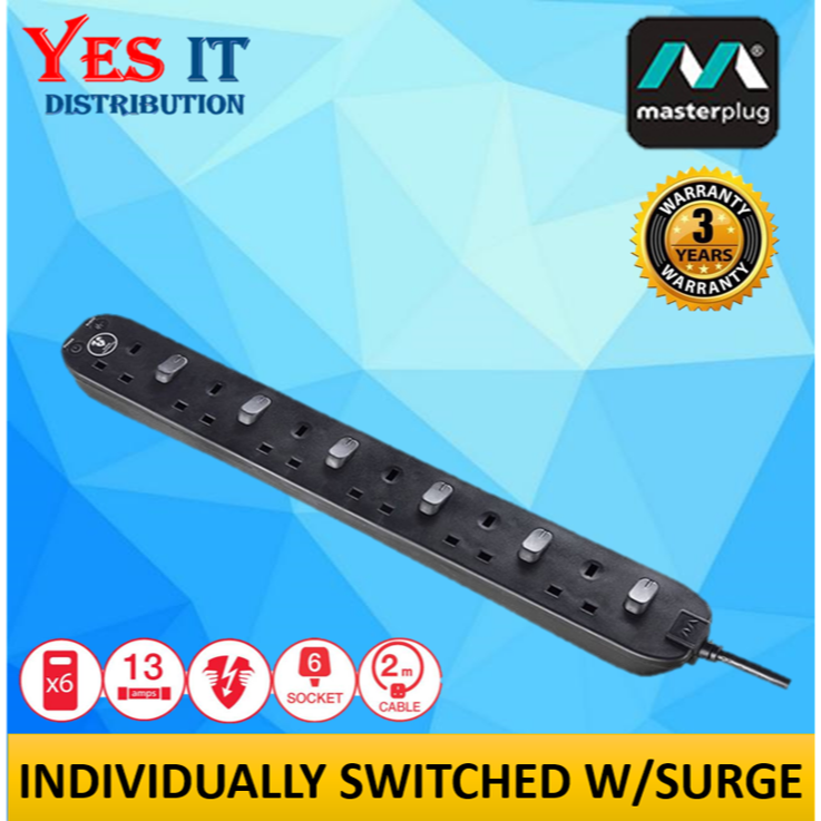 Masterplug Surge Protector 6 Gang 2 Meter Switched Extension Leads ...