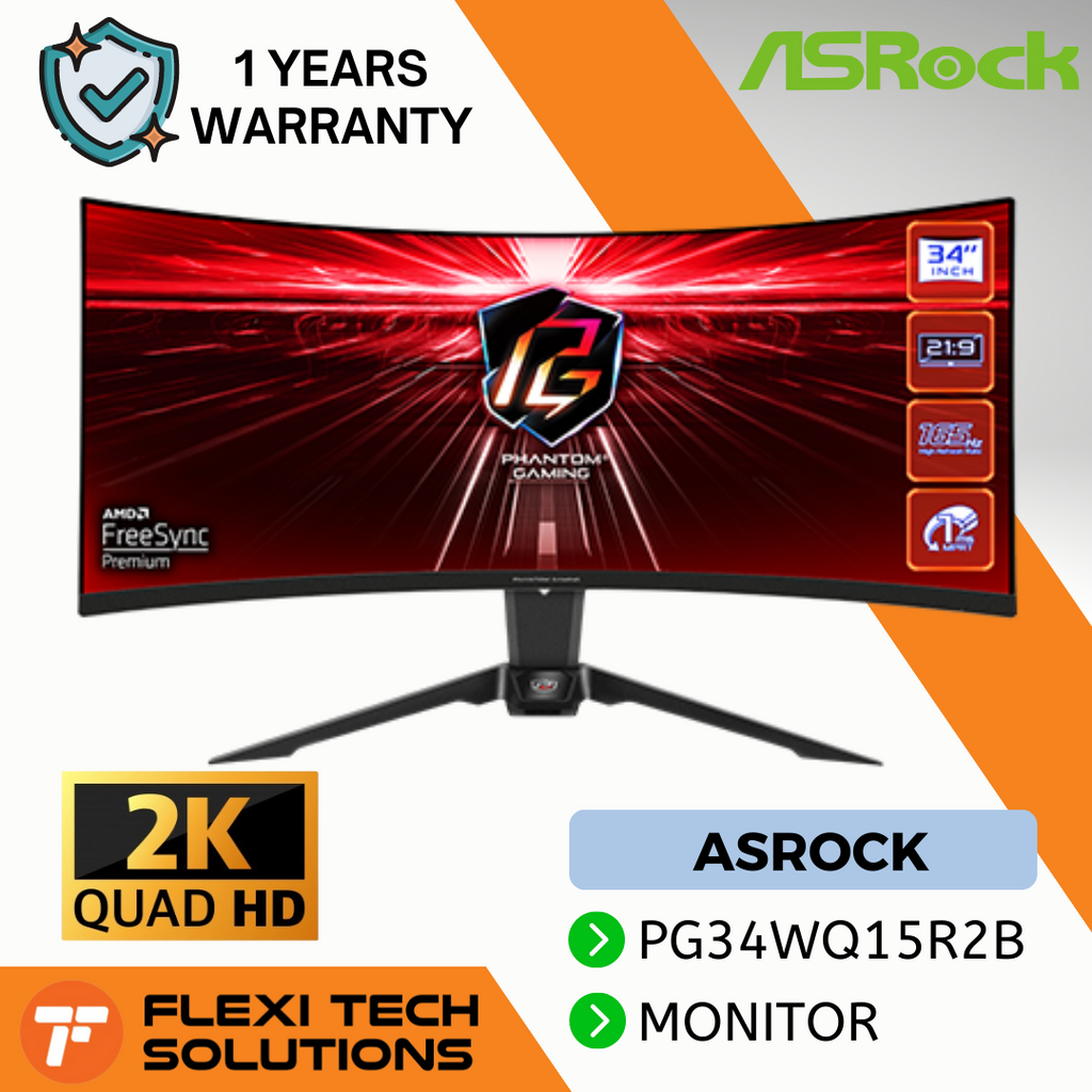 Flexi Tech ASROCK PG34WQ15R2B Curved Gaming Monitor 34" WQHD (3440x1440 ...