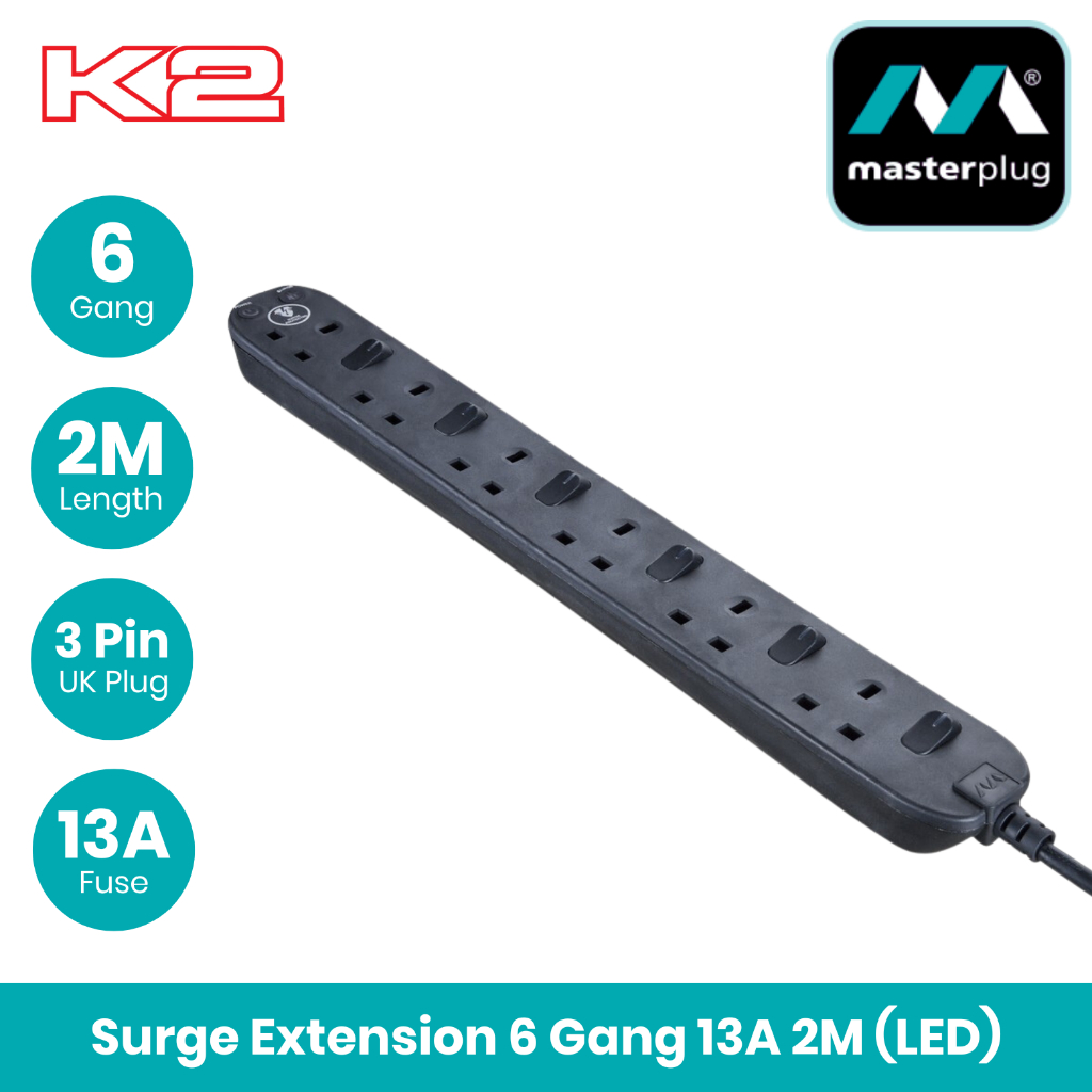 MASTERPLUG Surge Extension Lead 6 Gang Sockets 2M Length & 3 Pin UK ...