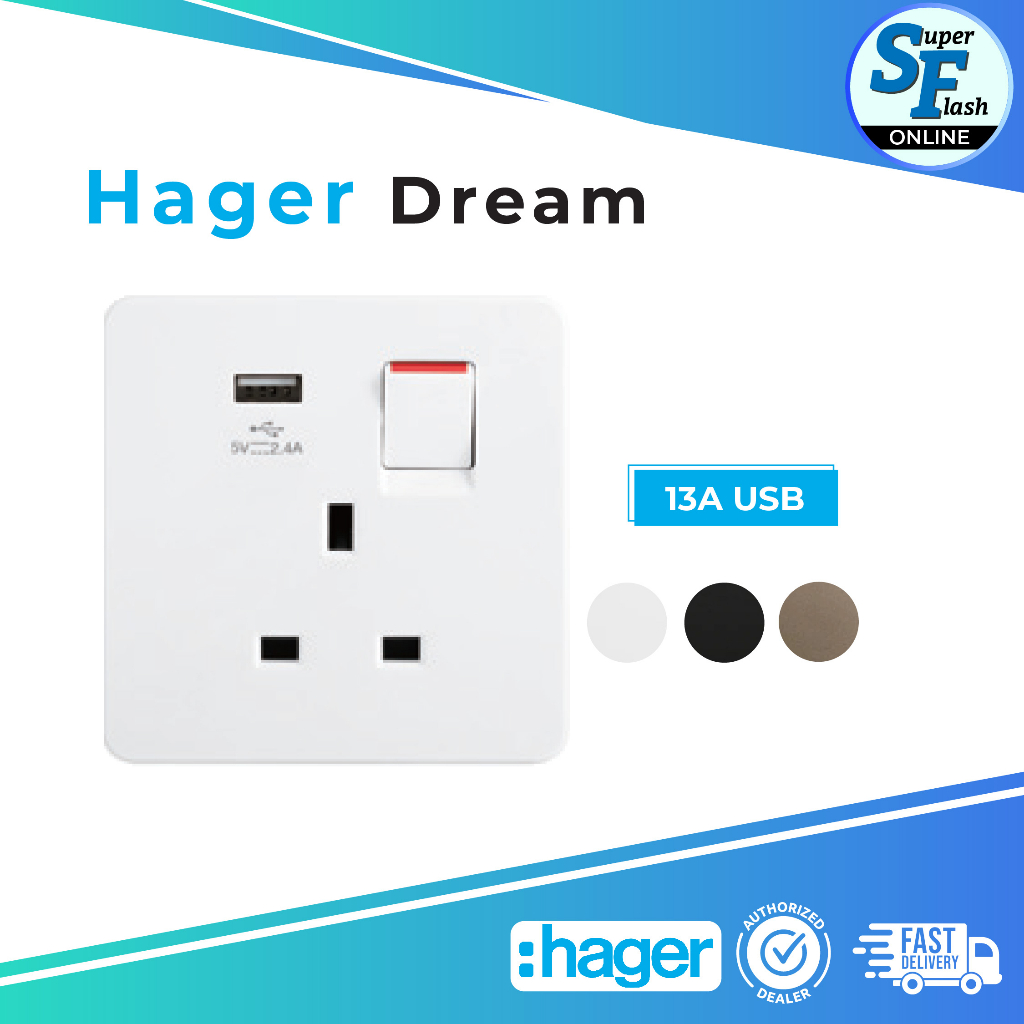 Hager Dream 13A + USB / 13A 2 Gang / 20A 2 WAY Switches & Sockets ...