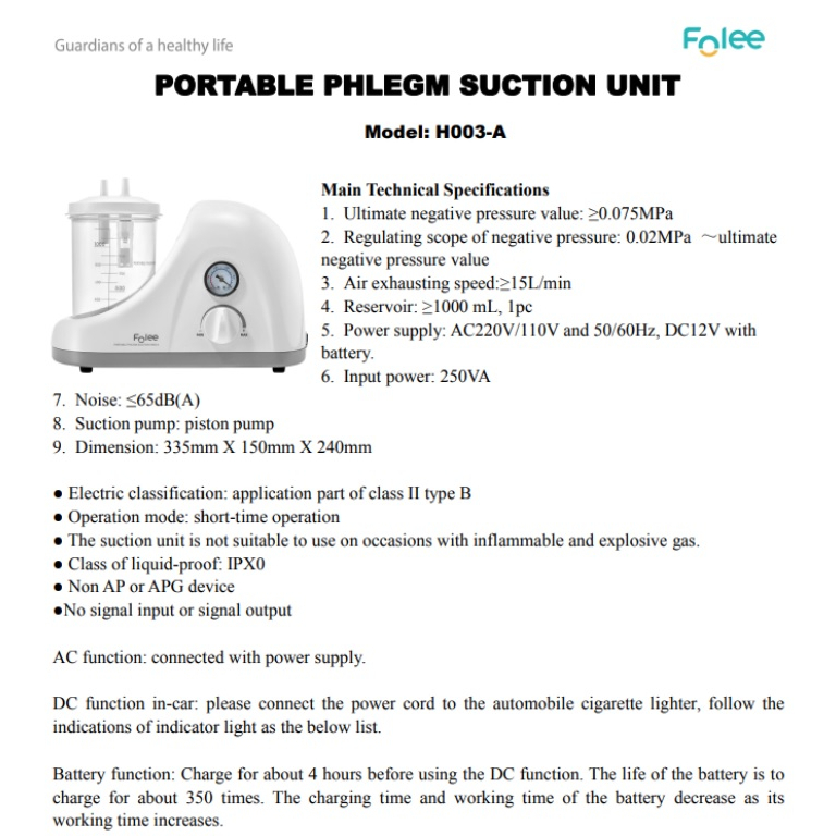 FOLEE Portable Phlegm Suction - Model H003-A (with battery back up for ...