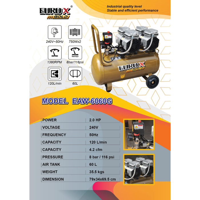 Eurox Europower EAW6060G SILENT OIL FREE Oilless & Silent Type Air Compressor 60litre 2HP ...