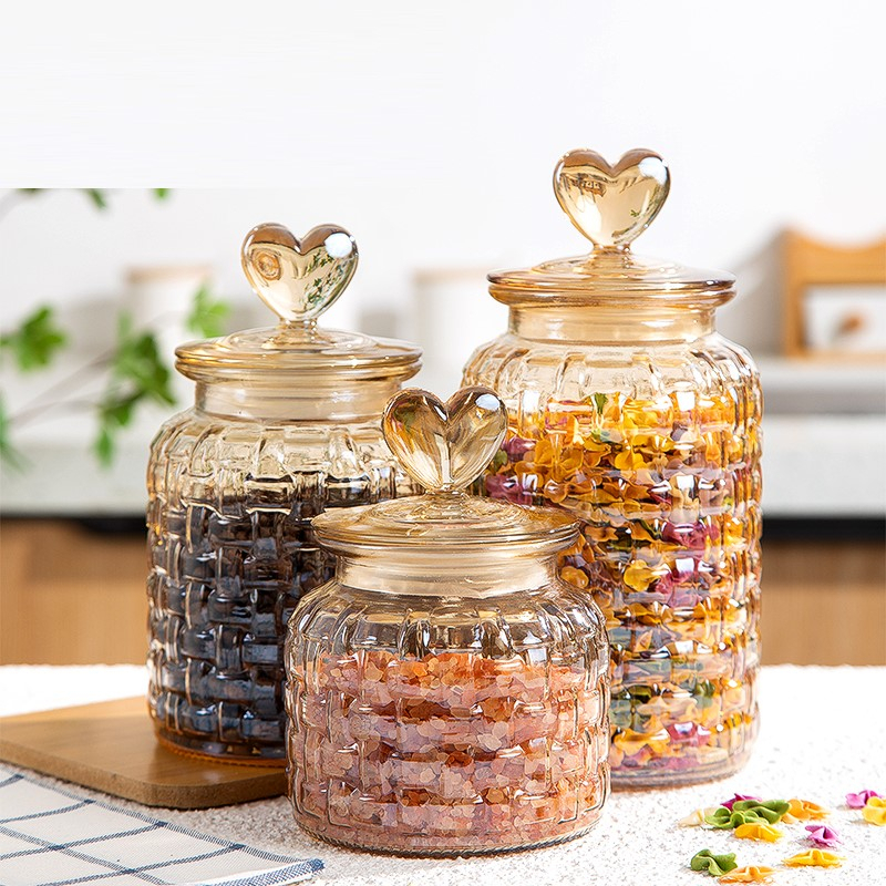 Set Of 3 Round Glass Canisters With Love Shape Lids (Amber) | Shopee ...