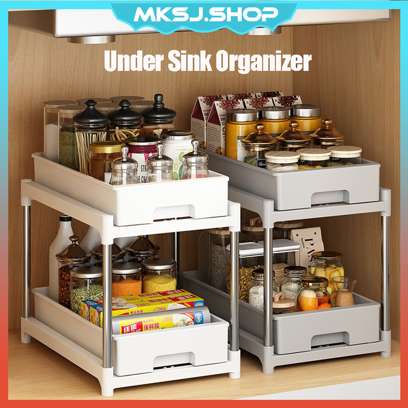 Under Sink Organizer 2 Tier Spice Storage Rack Sliding Cabinet Basket ...