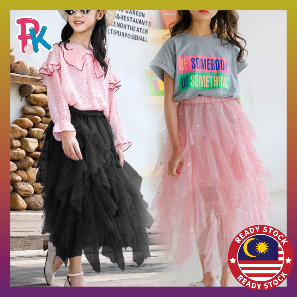[6~10±Yrs] OOTD Budak Perempuan Kids Korean Style Tutu Skirt Tulle Mesh Elastic Waist Cotton ...