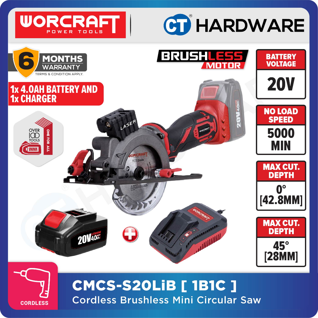 WORCRAFT CMCS-S20LIB CORDLESS BRUSHLESS MINI CIRCULAR SAW 20V | 4-1/2" | 5200RPM COME WITH 1PC ...