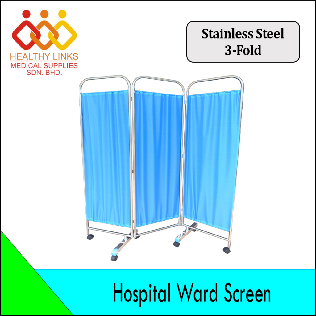 Hospital Stainless Steel Ward Screen With Blue Curtain - 3-Fold / 4 ...